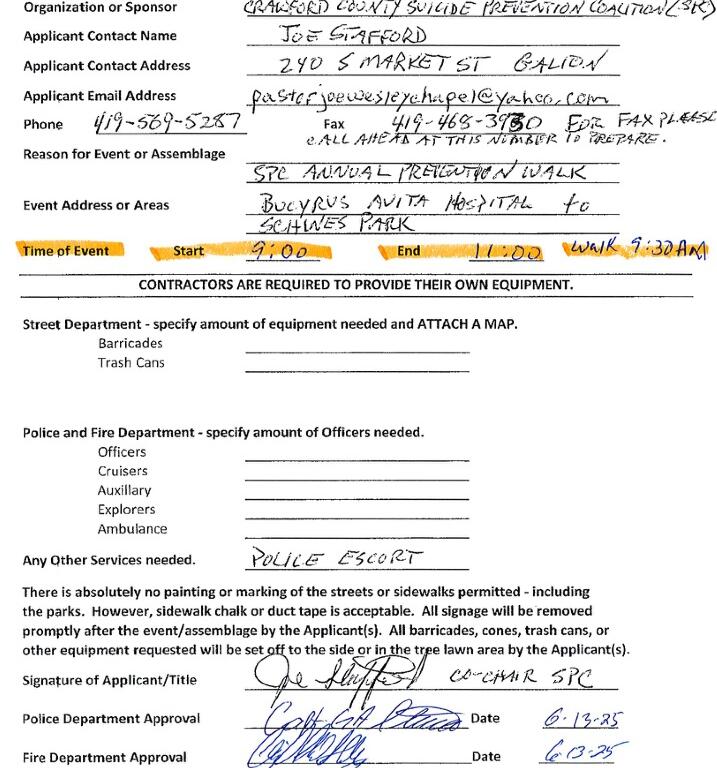 Event permit amended for annual Suicide Prevention Coalition Walk ...